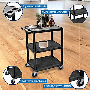 LUXOR STC222-B 3-Shelf Utility Cart, Black