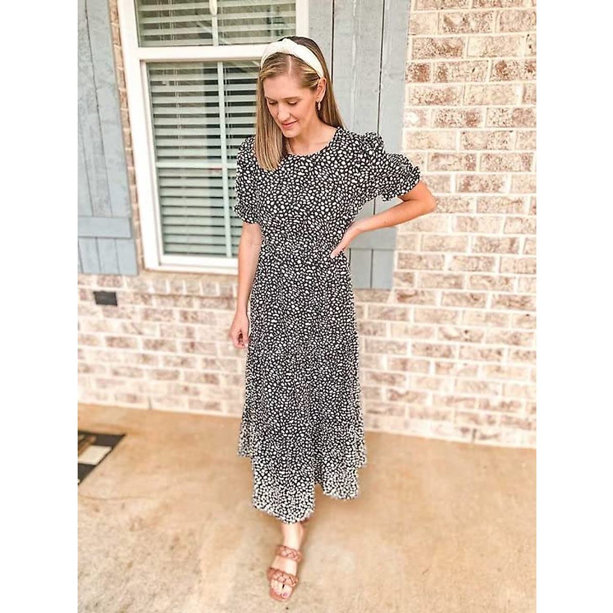 GRECERELLE Women Dress, Summer Casual Loose Crew Neck Boho, Leopard Dot Ruffle Puff Sleeve, High Waist Midi Beach Dress