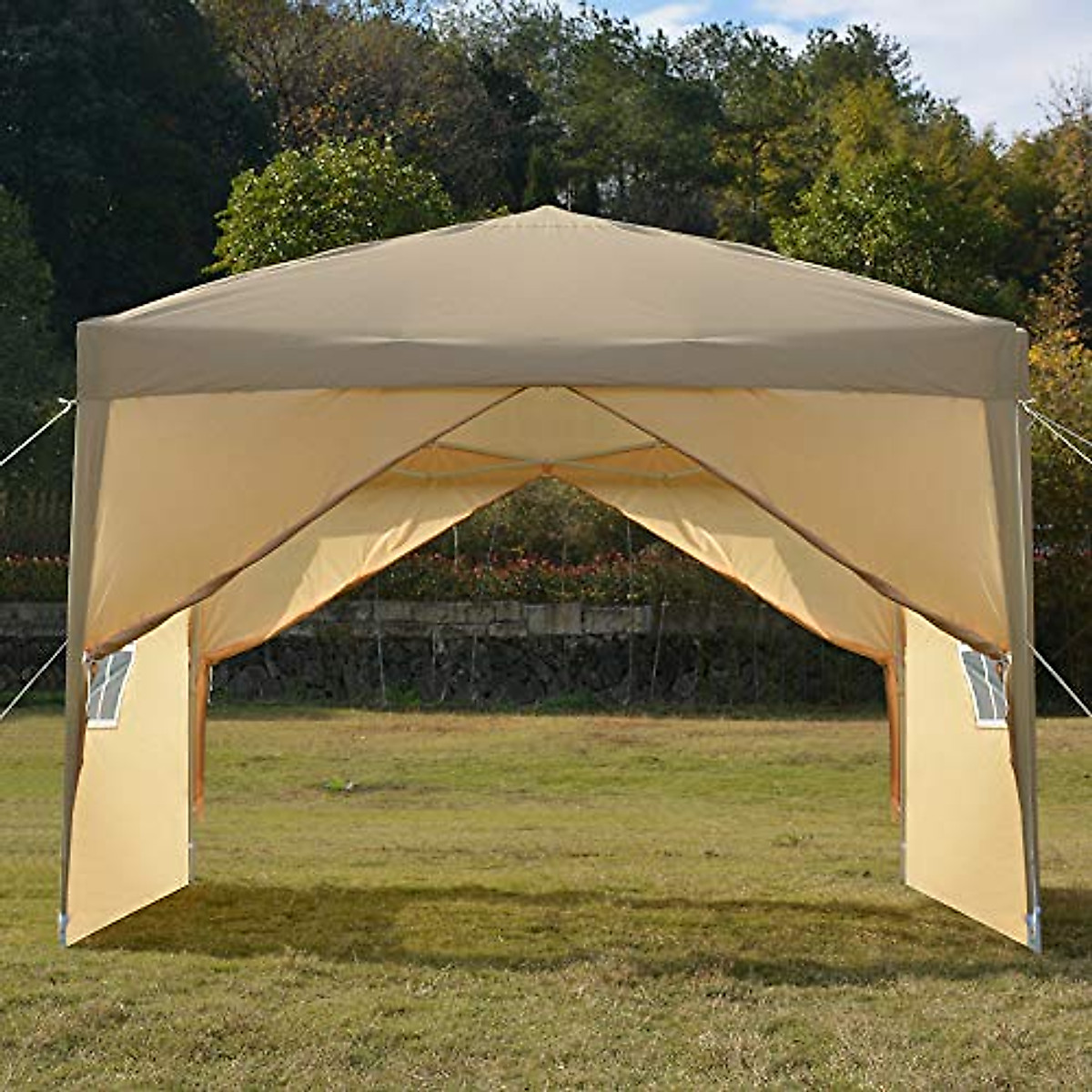 10x10 Pop Up Tent with Two Doors & Two Windows Practical Waterproof Right-Angle Folding Tent with Carry Bag Khaki