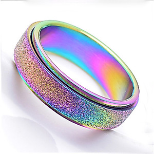 PAURO Women's Stainless Steel 6MM Rainbow Flag Lucky Spinner Worry Ring Band Size 4