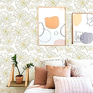 Nukofal Lotus Leaf Wallpaper Peel and Stick Wallpaper Lotus Floral Wallpaper 17.7In x 118.1In Leaf Contact Paper Gold and White Wallpaper Modern Removable Wallpaper Self Adhesive Wall Paper Vinyl