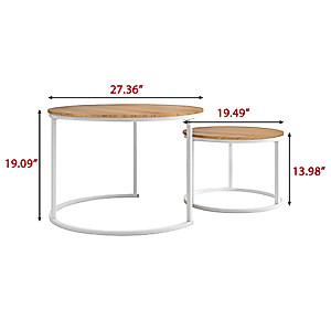 HOJINLINERO Industrial Round Coffee Table Set of 2 End Table for Living Room,Stacking Side Tables, Sturdy and Easy Assembly,Wood Look Accent Furniture with Metal Frame,White+Teak OAKDK