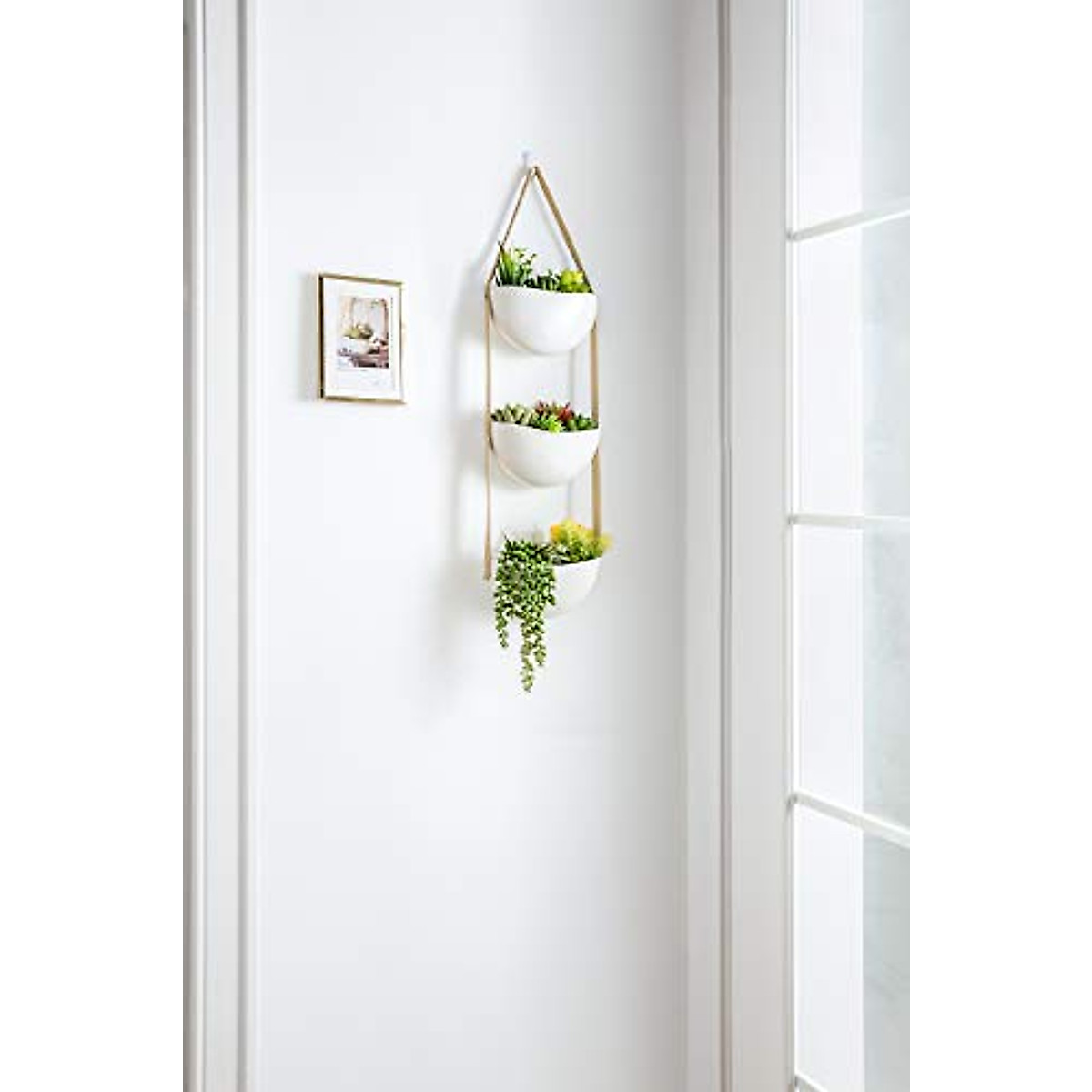 Mkono Ceramic Wall Planter 3 Tier Hanging Succulent Herb Planter for Indoor Plants, 7 Inch Half Moon Flower Pot with Leather Strap Modern Vertical Garden for Air Plants Live or Faux Plants Home Decor