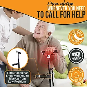 VIVA CARE Walking Cane with Light & Alarm - Foldable, Adjustable, Lightweight, for Balance & Stability for Adults, Seniors, & Injured. [Black]
