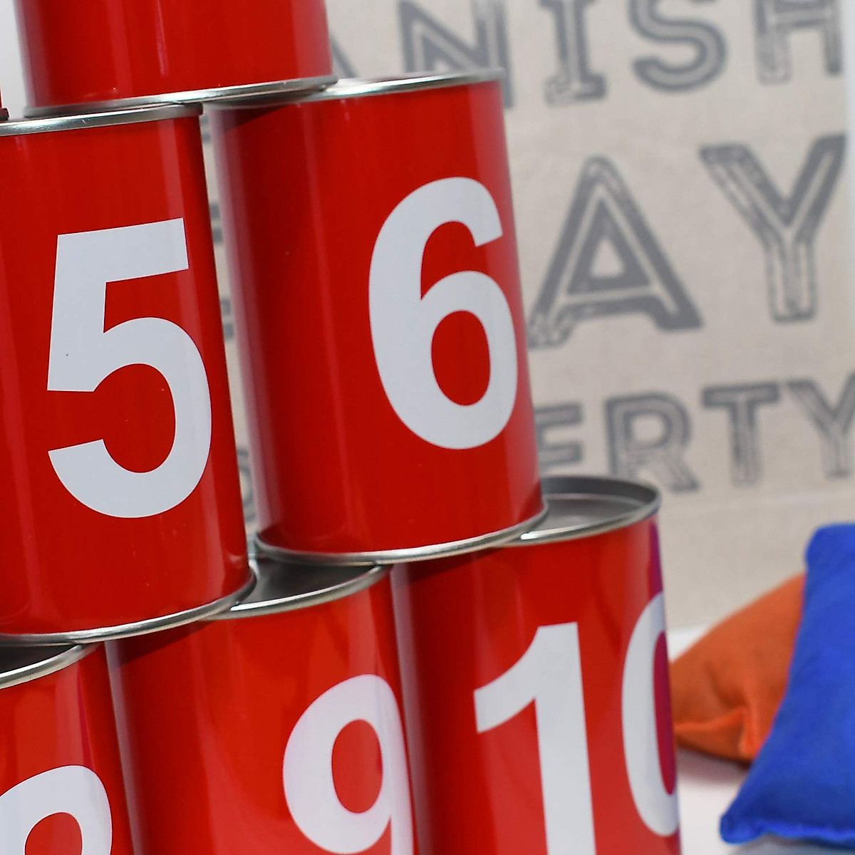 Garden Games Tin Can Alley - 10 Real Metal Tin Cans with Safe, Soft Throwing Bags