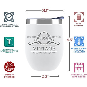 65th Birthday Gifts for Women Men - 1958 Birthday 12 oz White Stemless Wine Tumbler - Gifts for 65 Year Old Man Women Mom Dad - Gifts Ideas for Turning 65