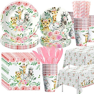HIPVVILD Safari Birthday Decorations Tableware Girl, Jungle Theme Party Supplies, Plate, Cup, Napkin, Tablecloth, Cutlery, Straw, Safari Jungle Animal Birthday Baby Shower Party Decorations | Serve 24