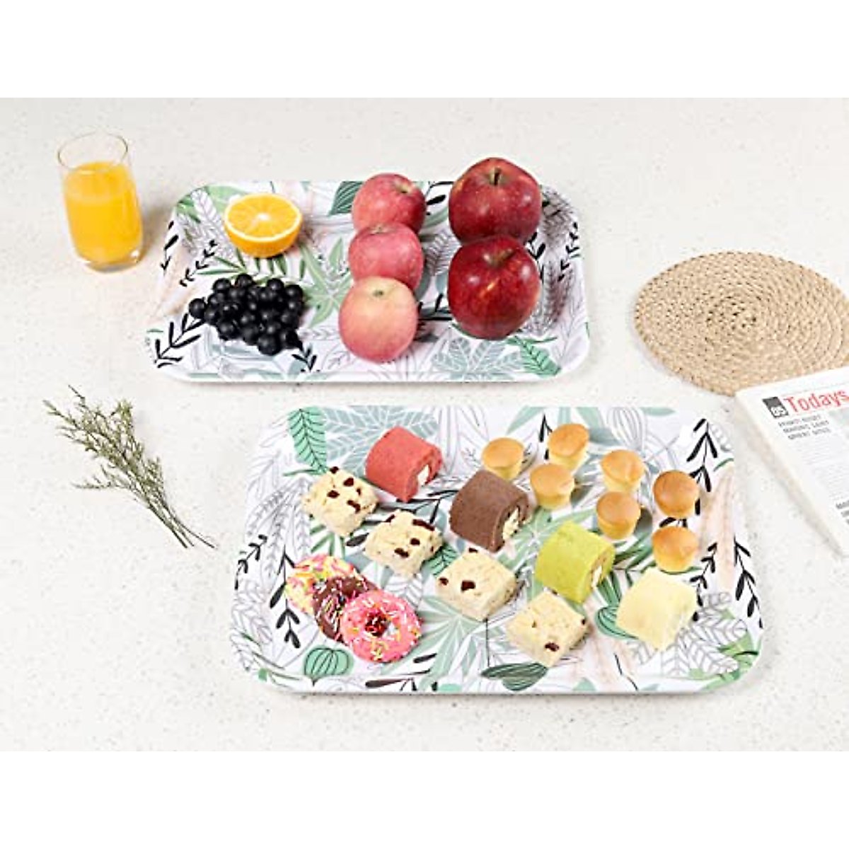 FlosSolis 15.1"x11.3" Serving Tray Set of 2 Leaf Design, Melamine Rectangular Serving Tray/Platters Stackable Sturdy and Easy Clean for Serving Serving Food,Fruit,Desserts,Breakfast,Meals,BPA Free