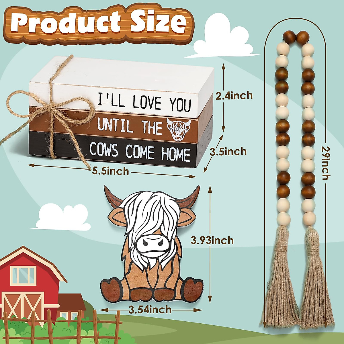 5PCS Highland Cow Decor, Farmhouse Tiered Tray Decor, Wooden Book Stacks Rustic Table Centerpiece for Home Room Mantle Fireplace Shelf