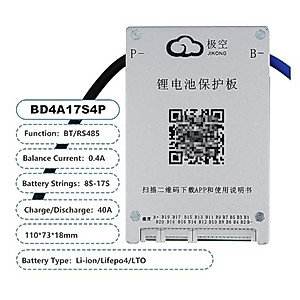JK BMS Battery Protection Module Smart Active Balancing BMS Protection Board, Balance Current 0.4A 0.6A 8S 17S 20S 24S Continuous Discharge 40A 60A 80A Battery Equalizer (Color : BD4A17S4P, Size : J