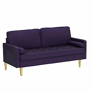 RXRRXY 67" Modern Velvet Loveseat Sofa Couch, Mid-Century Tufted Upholstered Small Love Seat Couch with 2 Pillows & 4 Golden Legs, 2-Seats Couches for Compact Space, Living Room, Apartment (Purple)