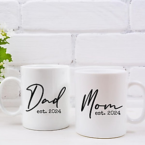 Pregnancy Gift Est 2024 -New Parents Gifts- Mom and Daddy Est 2024 11 oz Mug Set - Onesie (0-3M)- Mom and Dad Gift Set for Expecting Parents (Feather Bib 24)