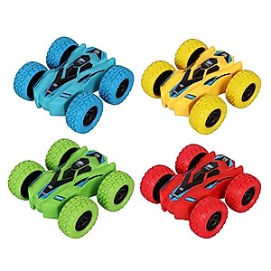 CLeternal Pull Back Cars, 4 Pack Monster Toys Truck Double-Sided Friction Powered Vehicles Flips Shockproof Inertia Cars Push and Go Vehicles for Kids Christmas Party Gift