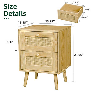 infurnic Rattan Nightstand, End Table, Nightstands Set of 2, Side Table with 2 Hand Made Rattan Decorated Drawers, Wood Night Stand Beside Table with Storage for Bedroom, Natural, 2 Pack