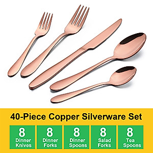 LIANYU 40-Piece Copper Silverware Set for 8, Stainless Steel Flatware Cutlery Set, Tableware Eating Utensils Include Forks Knives Spoons, Mirror Polished, Dishwasher Safe