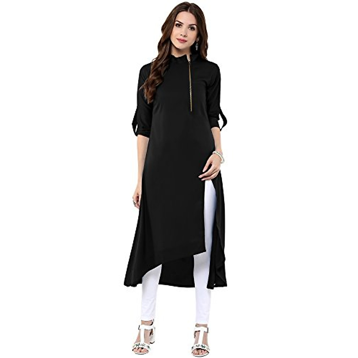 Janasya Women's Crepe Kurti Tunic Tops,Black,Large