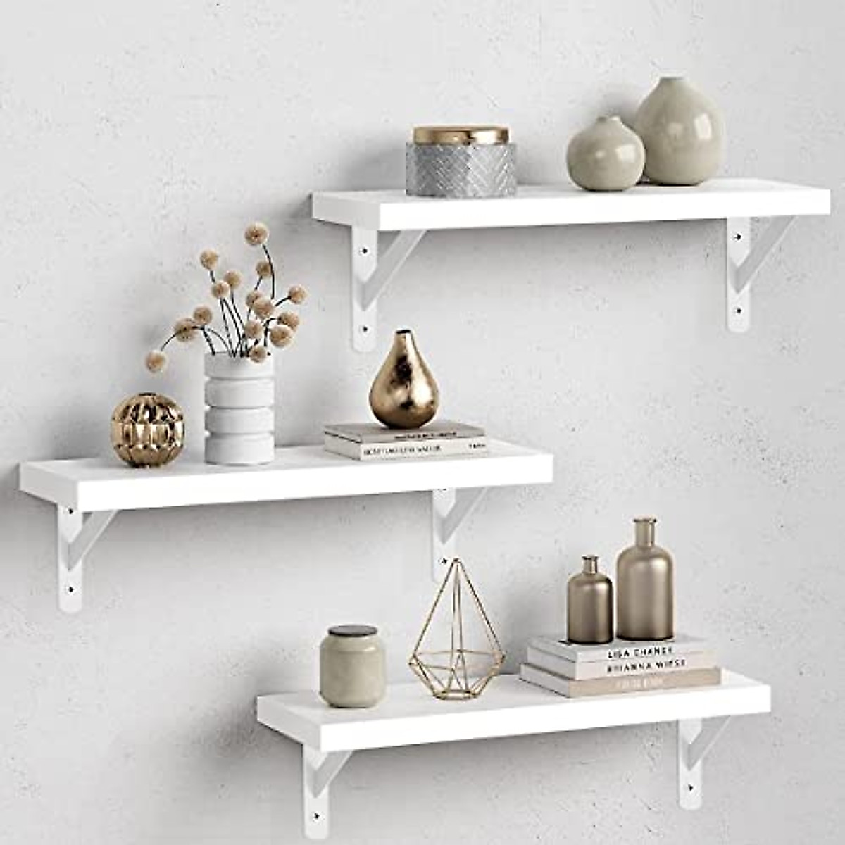 AIKTOTA Floating Shelves - 15.7" White Wall Shelf with Metal Bracket, Wall Mounted Shelves for Bathroom, Living Room, Bedroom, Kitchen, Modern Storage Shelves Decor - Set of 3