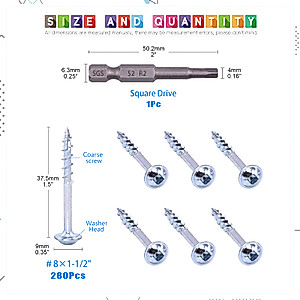 Glarks 280Pcs #8x1-1/2'' Pocket Hole Screws Zinc Coated Square Drive Self Tapping Coarse Thread Wood Screws for Wood and Sheet Metal (#8x1-1/2'' Coarse Thread)