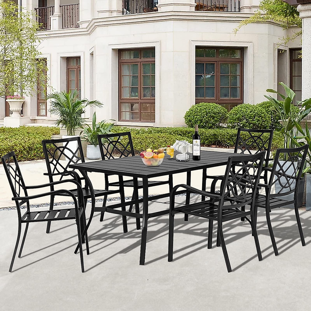 Incbruce 7 Pcs Outdoor Dining Set Wrought Iron Patio Dining Set, Dining Furniture Set (6 Dining Chair and 1 Rectangular Table with 1.57" Umbrella Hole) for Garden,Backyard(Metal Tabletop)