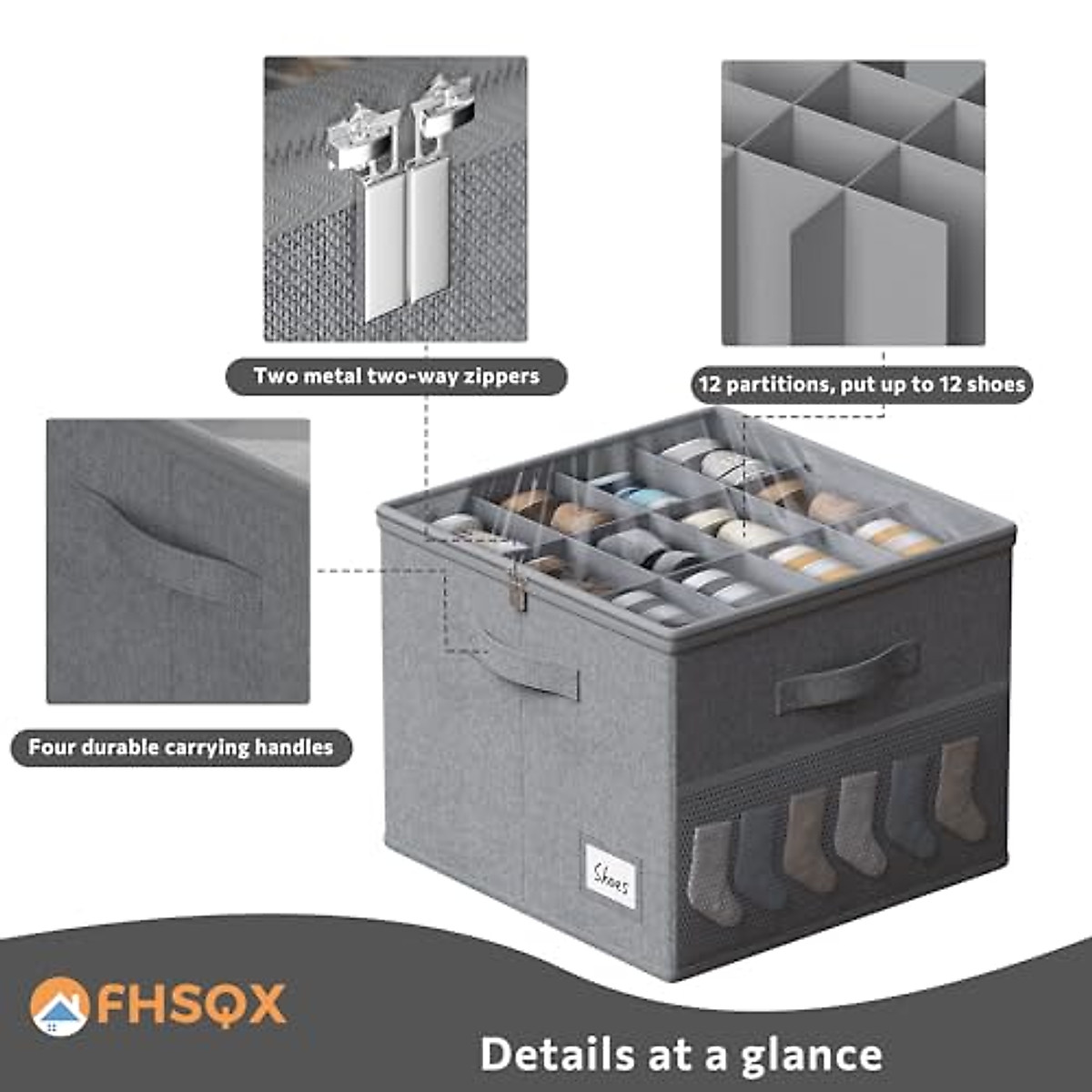 Shoe Organizer for Closet with Fabric Shoe Storage Bins - Clear Cover, Adjustable Dividers, and Foldable Bottom Support for 12 Pairs in Clear Storage Containers (Grey, (15.7 * 15.4 * 12.6) x1)