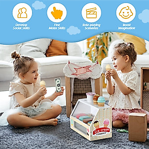 Wooden Ice Cream Toys Kids Play Store Pretend Toy for Toddlers, Play Kitchen Accessories with Scoop & Menu & Fake Money, Ideal Ice Cream Play Set Gifts for 3 4 5 6 7 8 Year Old Girls Boys