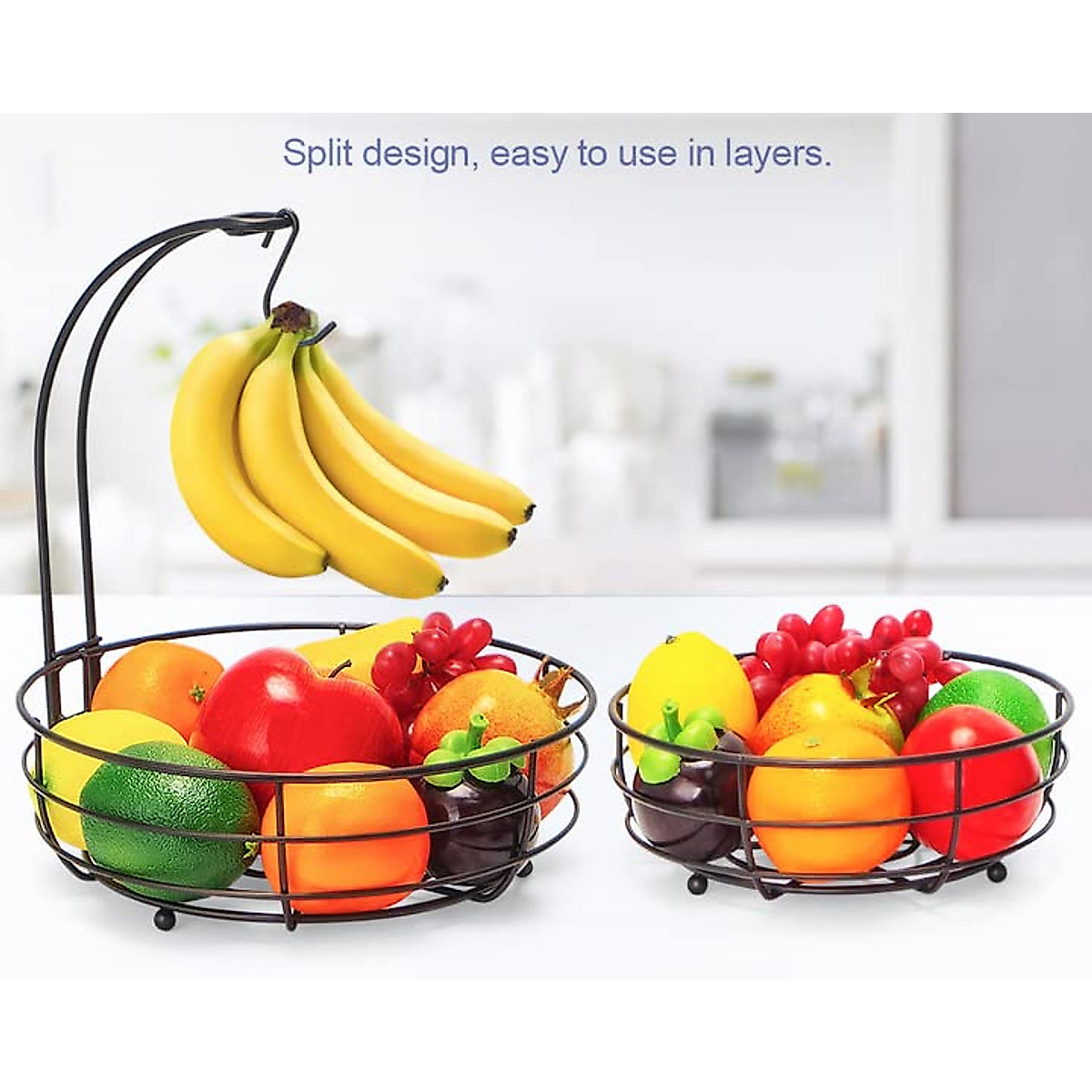 Kufutee 2-Tier Countertop Fruit Basket Bowl With Banana Hanger,Bronze