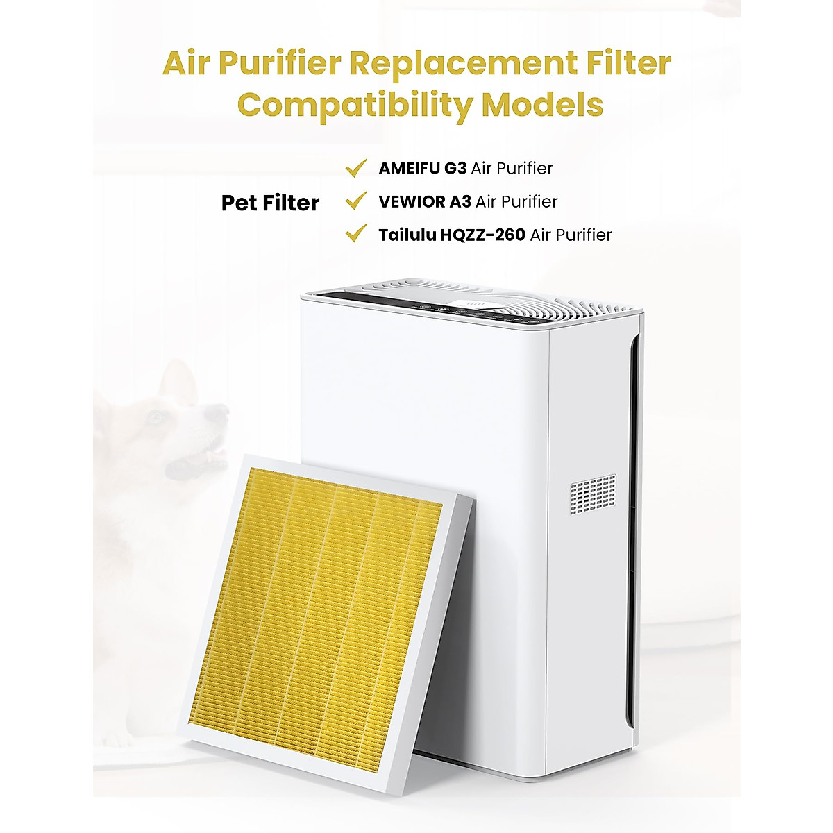 A3 Pet Care Replacement Filter Compatible with AMEIFU G3 sferf-30 Air Purifier, VEWIOR A3, Tailulu HQZZ-260 Air Cleaner, 3-in-1 Filter H13 True HEPA Filter Air Filter Replacement, 1 Pack, Yellow