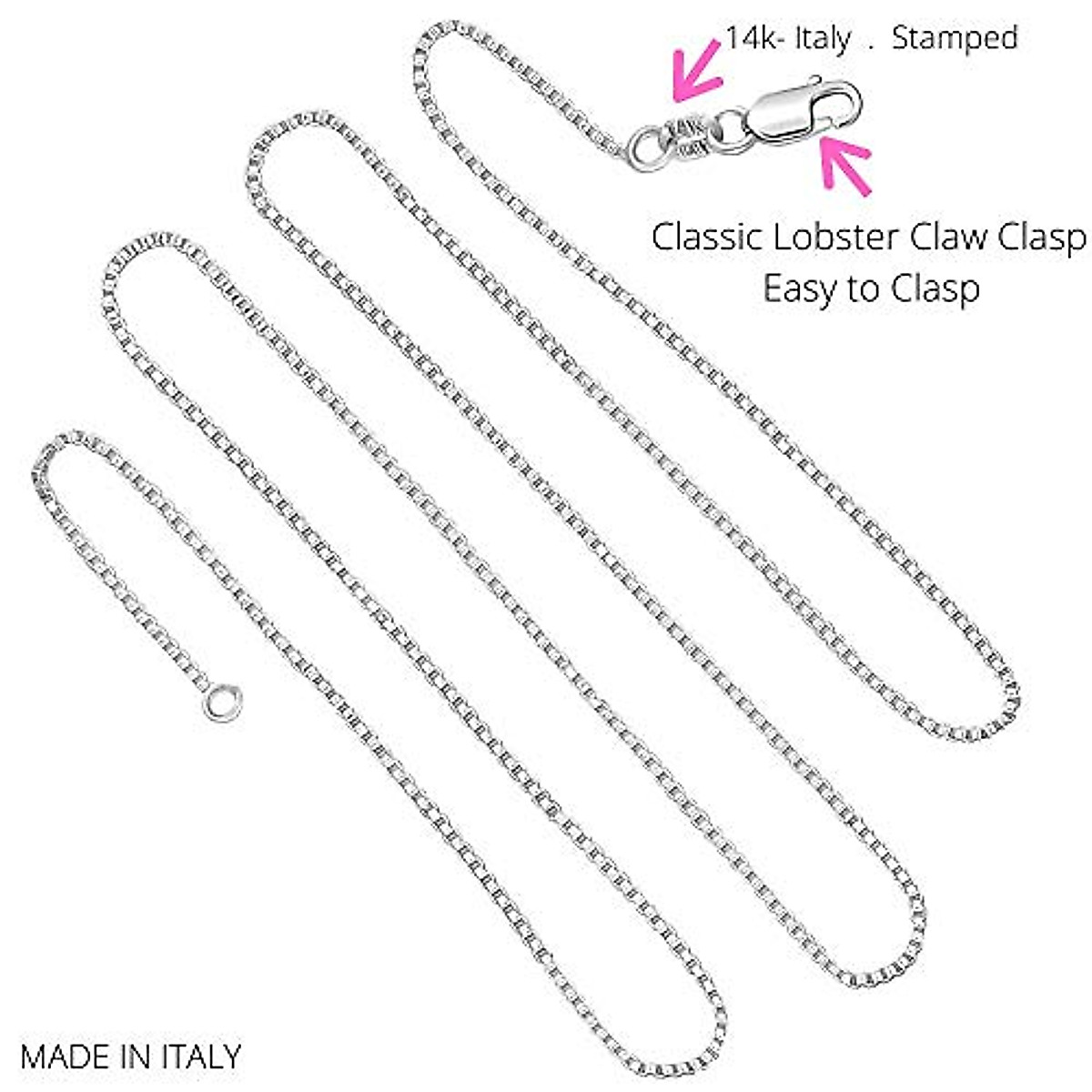 14K or 10K REAL Solid Yellow or White or Rose/Pink Gold 0.5MM,0.6MM,0.7MM,0.8MM,0.9MM,1.1MM,1.2MM Italian Diamond Cut Box Link Chain Necklace MADE IN ITALY, Gold, No Gemstone