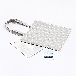 Hooshing Plaid Canvas Tote Bag with Zipper and Inside Pocket Reusable 100% Cotton for Shopping School Travel Gray