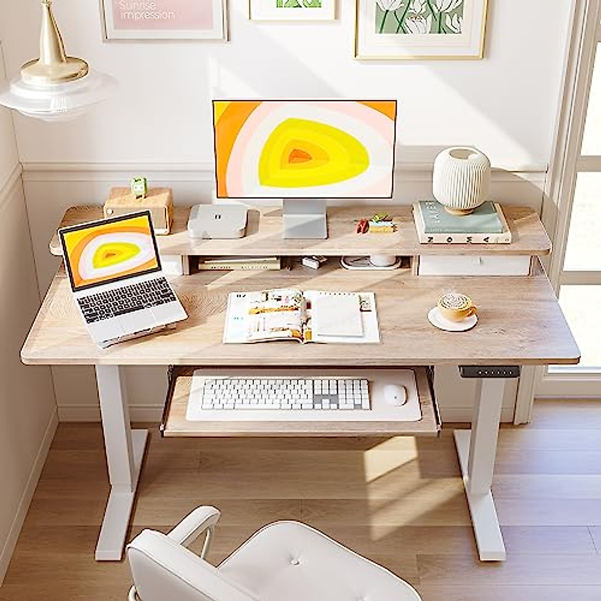FEZIBO Standing Desk with Drawers, Adjustable Height Desk with Keyboard Tray, Stand Up Desk with Storage Shelf, 48 x 24 Inchs, Maple Top