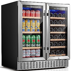 AAOBOSI Wine and Beverage Refrigerator,30 Inch Dual Zone Wine Cooler Built-in or Freestanding-Hold 28 Bottles and 80 Cans Wine Beverage Fridge with Soft LED Light,2 Safety Locks,Stainless Steel