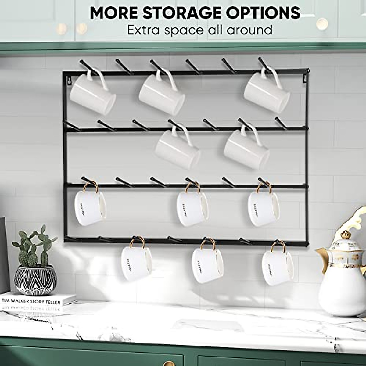 Wall Mount Coffee Mug Holder, Wrought Iron Coffee Tea Cup Hanging Rack Display Organizer Space Saving Mug Hanger with 30 Hooks for Home Kitchen Farmhouse Storage and Collection(4 Tier)