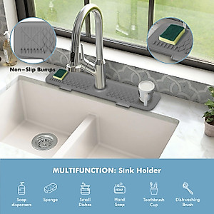 SINK EVOLUTION Kitchen Sink Splash Guard behind Faucet with Buckle Adjustment - 24 inch Faucet Mat, Self Draining with Slope and 2 long-spout drains, Sink Accessories for Kitchen Counter and Bathroom