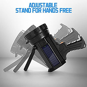 YIERBLUE Rechargeable Spotlight Flashlight with Solar Panels, 1000,000 High Lumen Outdoor Handheld Spot Lights and Flood Light, Foldable Stand and 3 Colors Lenses for Boating Hunting and Camping
