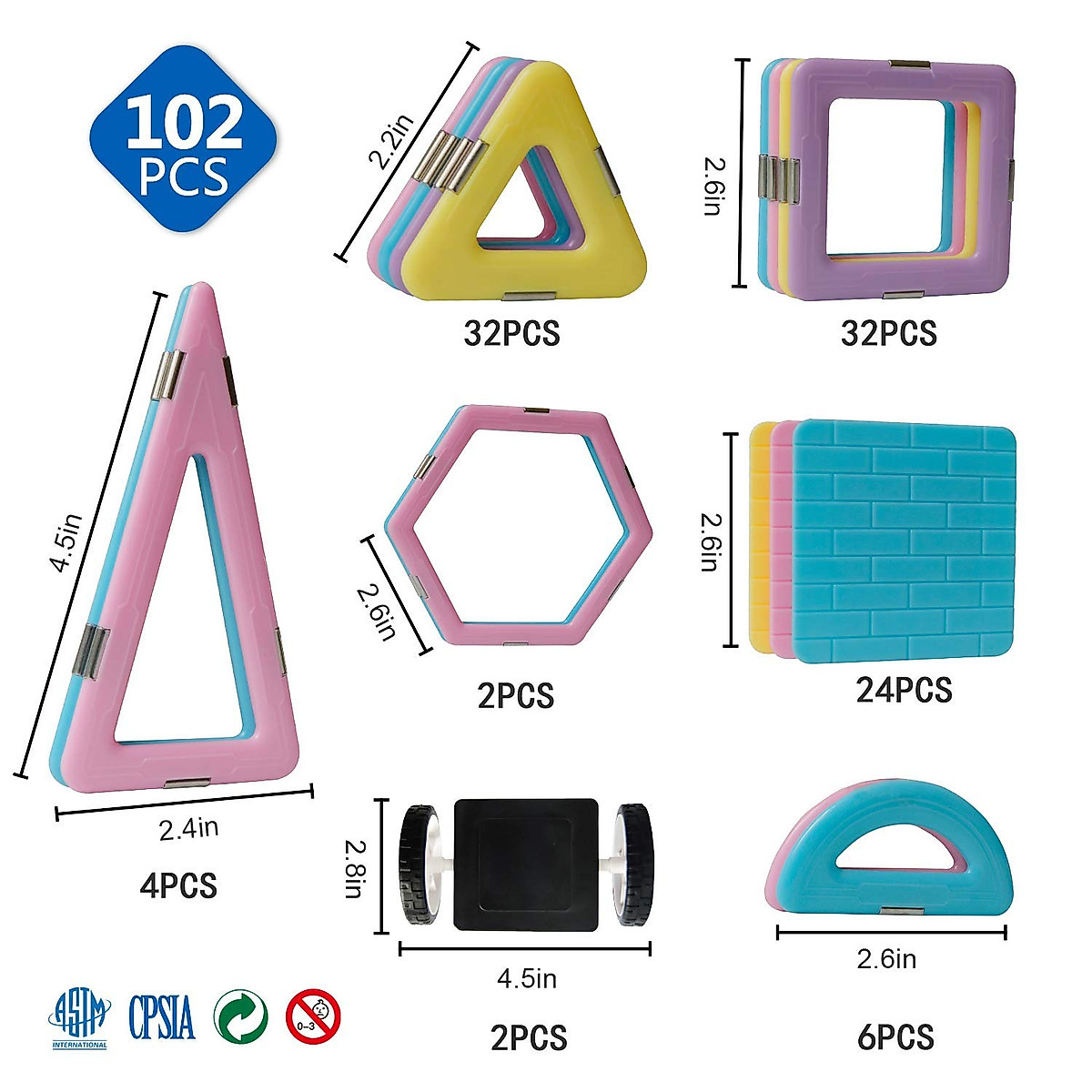 MAGBLOCK 102 Piece Magnetic Tiles Toys for 3 4 5 Year Old Girls Boys, Castle Magnet Toy Building Block for Kids Toddlers, Magnetic Blocks Montessori STEM Toys for Toddler Girls Gifts