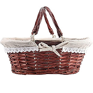 ZEONHEI 2 PCS Wicker Gift Picnic Basket, Brown Willow Woven Basket, Fruit Easter Candy Wedding Party Decoration Serving Basket with Folding Handles and Linen Cloth Lining