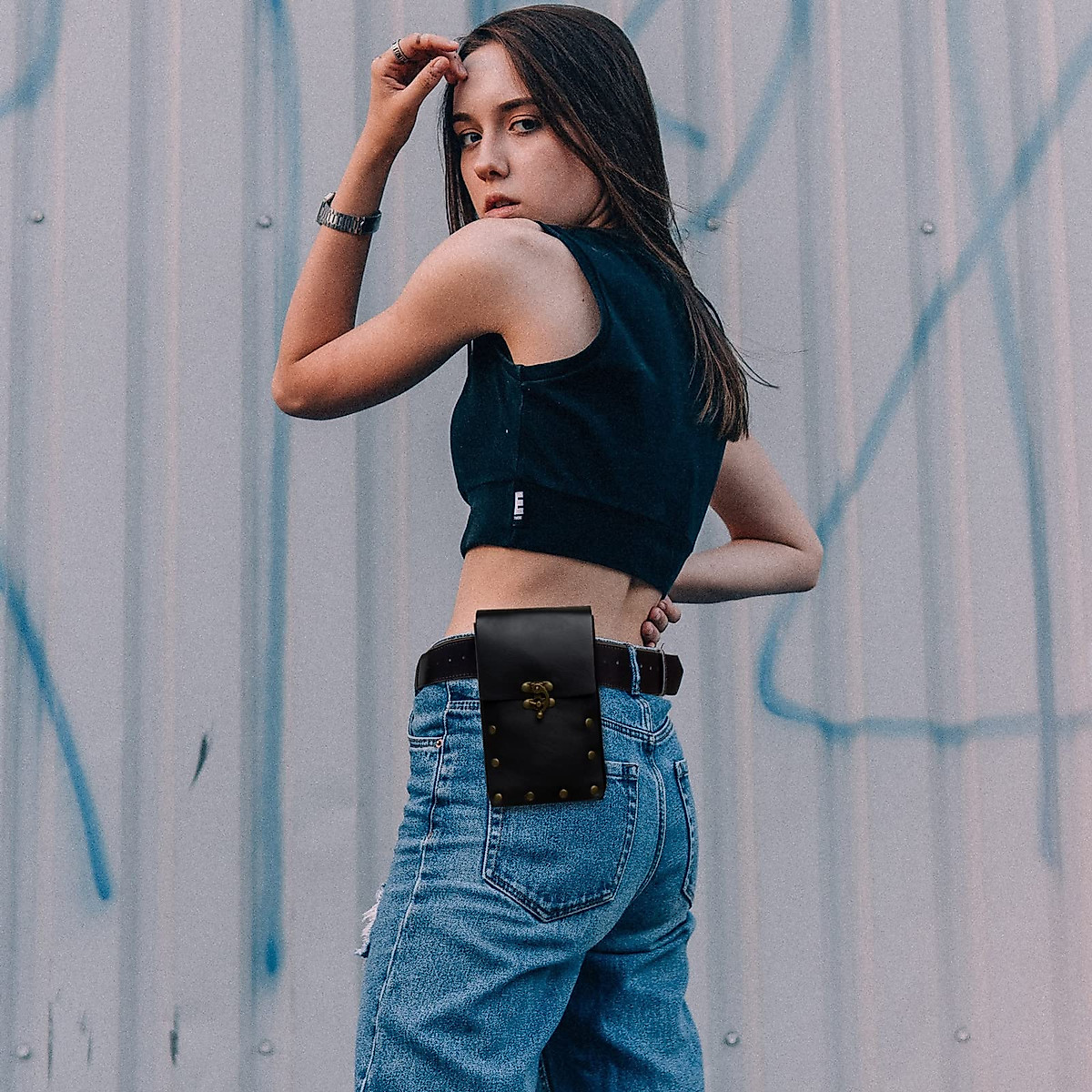 SUMGOGO Retro Belt Pouch Waist Bag Womens Fanny Pack Cellphone Holder Steampunk Medieval Renaissance Purse Costume Accessory (Black)