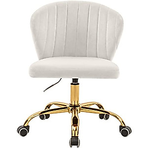 Meridian Furniture 165Cream Finley Collection Modern | Contemporary Velvet Upholstered Swivel Adjustable Office Chair with Channel Tufting and Gold Base, Cream, 21.5" W x 21" D x 29.95"-34.65" H