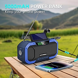 Emergency Radio Hand Crank Solar,Portable AM FM NOAA Weather Digital Radio,Waterproof Wind Up Rechargeable Radio with 5000mAh Battery Power,Flashlight Cell Phone Charger,Reading Lamp,Outdoor Survival