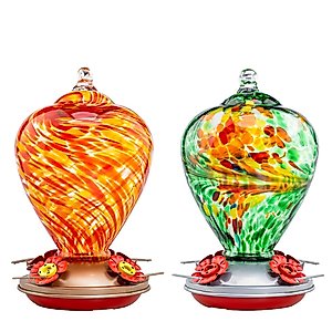 Muse Garden Hummingbird Feeder for Outdoors 2 Pack, Hand Blown Glass, 34 Ounces, Containing Ant Moat, Daylight and Peacock