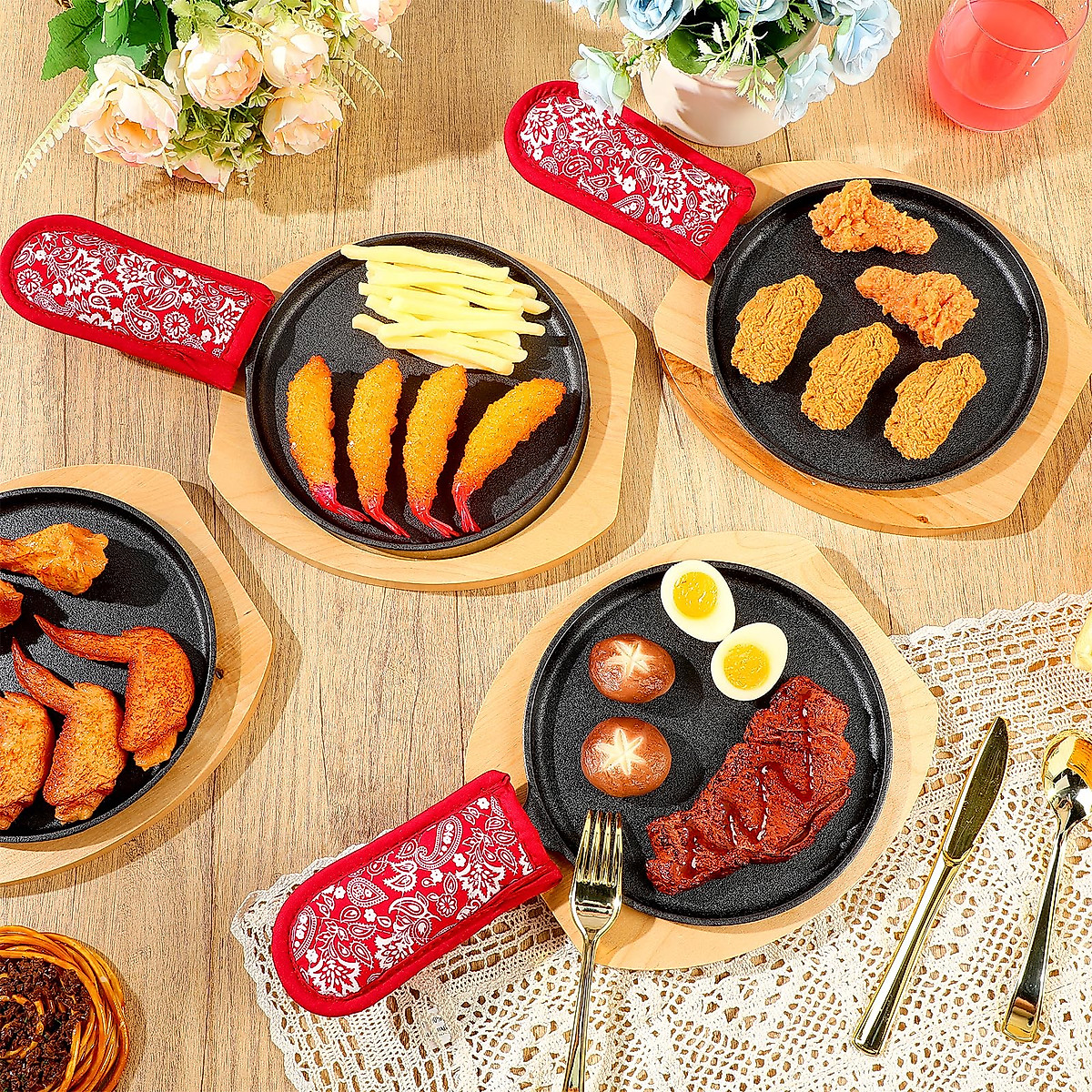 Mimorou 12 Sets Cast Iron Skillet Round Fajita Pan 7.87 Inch Fajita Plate Sizzler Pan with Wooden Base and Anti Scald Protection Hot Mitt for Kitchen BBQ Home Party Restaurant Catering Service