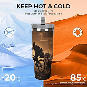 30oz Stainless Steel Insulated Tumbler with Flip Lid & Straw, Leakproof Travel Mug for Car, Mountain Bike in The Evening Double Wall Vacuum Thermal Coffee Cup with Handle, Spill-Proof Design for Hot/C