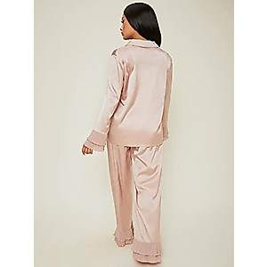 Verdusa Women's Satin Notch Collar Blouse and Ruffle Hem Pants PJ Set Champagne M