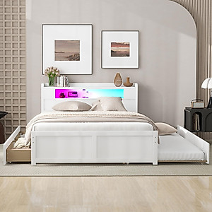 Okak Queen Size Bed Frame with Trundle - Wood Platform Bed with LED Lights Headboard 2 Storage Drawers and Twin Trundle Bed,White
