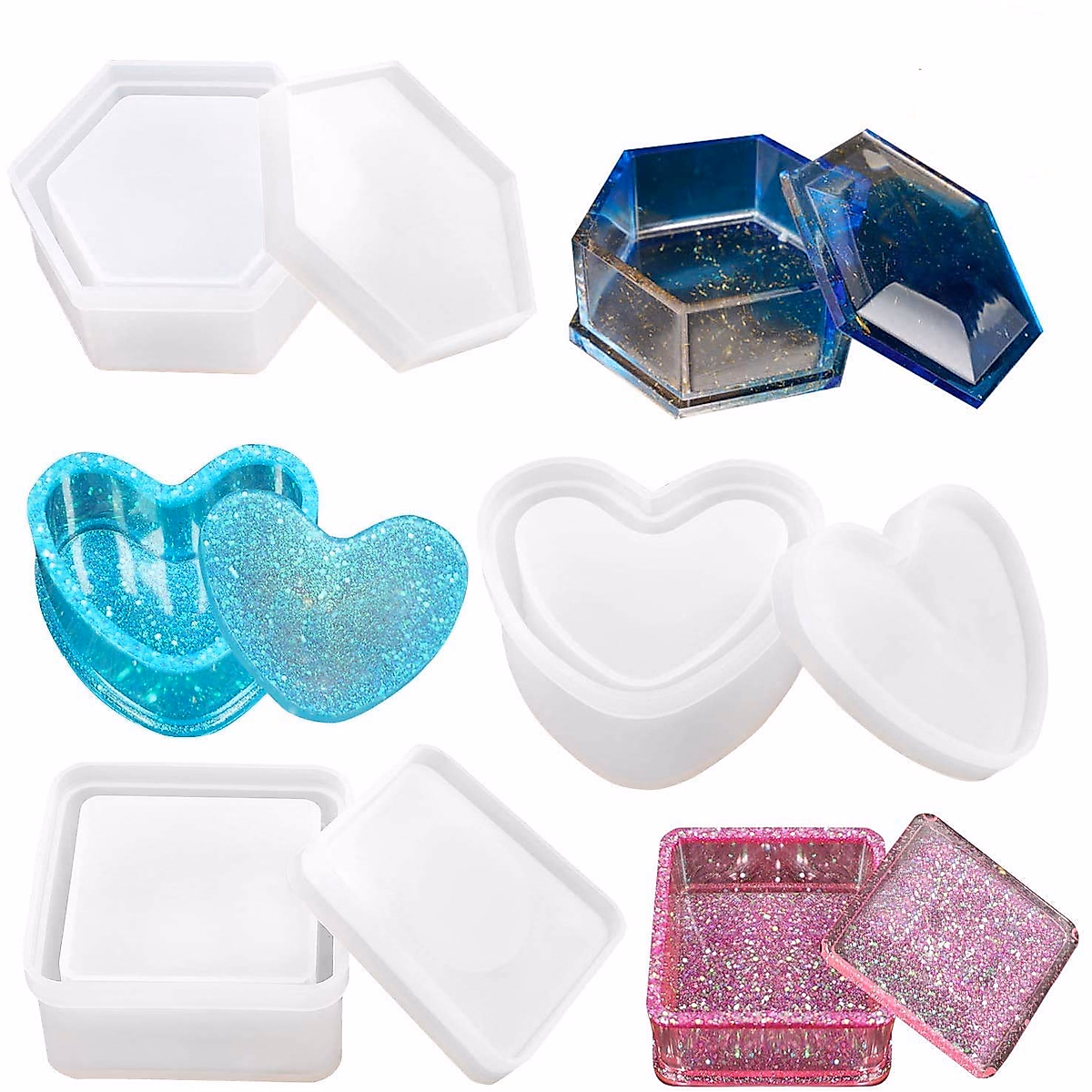 Box Resin Molds, Jewelry Box Molds with Heart Shape Silicone Resin Mold, Hexagon Storage Box Mold and Square Epoxy Molds for Making Resin Molds