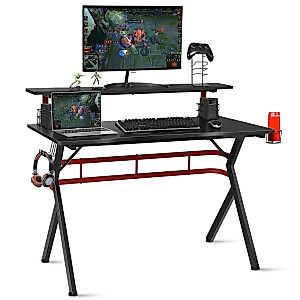 Tangkula Gaming Desk, Professional Gamer Workstation with Cup Holder, Headphone Hook, Handle Rack, Ergonomic PC Gaming Table with Monitor Stand, E Sports Computer Desk Table for Home, Office (Black)