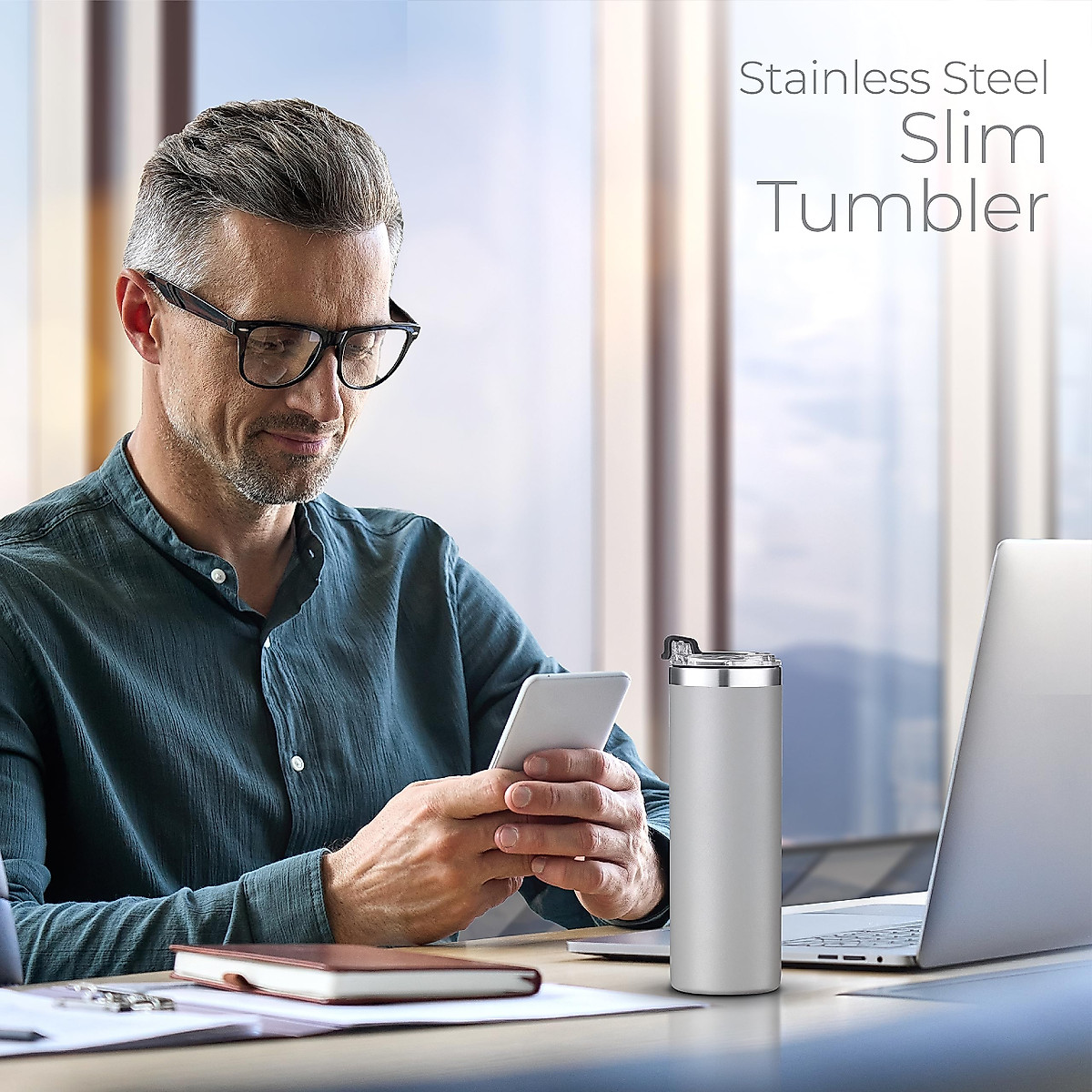 SIPX™ Triple-Insulated Tumblers - 18 Oz. Slim Modern Tumbler With Lid, insulated Cup Keeps Hot For 12 Hours, Stainless Steel Tumbler Made Of Sustainable Material, Coffee Travel Mug (Grey)