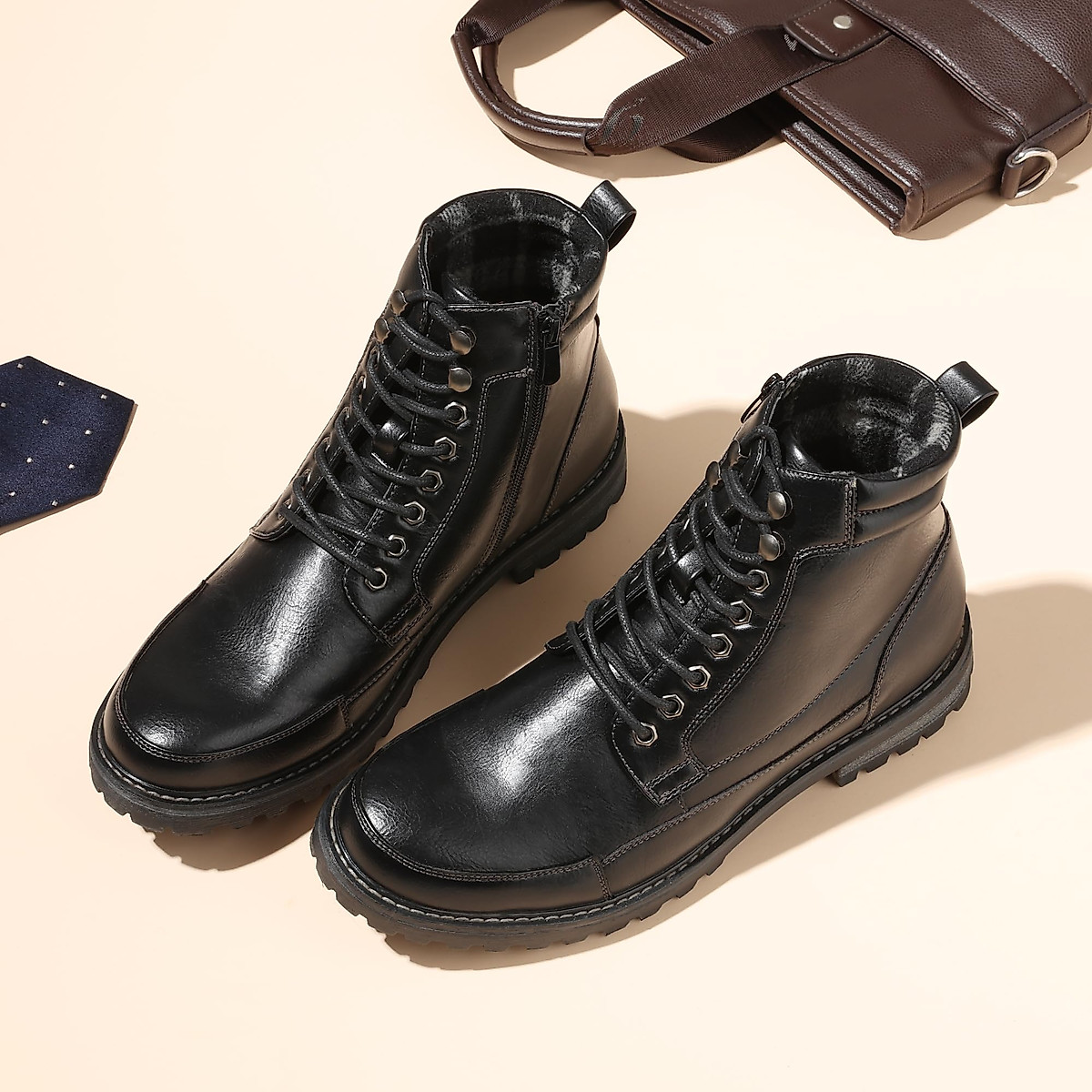 Bruno Marc Men's Motorcycle Combat Oxford Boot Fur Lining Warm Zipper Boots,Size 10.5,Engle-01-Black,ENGLE-01