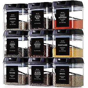Spice Containers with Labels - 9 Pcs Large Plastic Tea Storage Containers with 148 Spice Labels and 9 Spoons - Square Airtight Spice Containers Set with black Lids for Kitchen Pantry Herbs,Coffee,Seasoning Organization