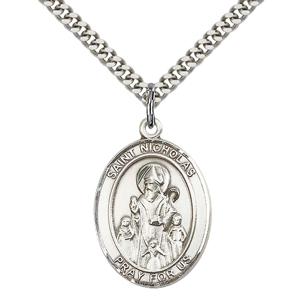 F A Dumont Sterling Silver St. Nicholas Pendant with 24" Stainless Steel Heavy Curb Chain. Patron Saint of Bakers/Brides/Children